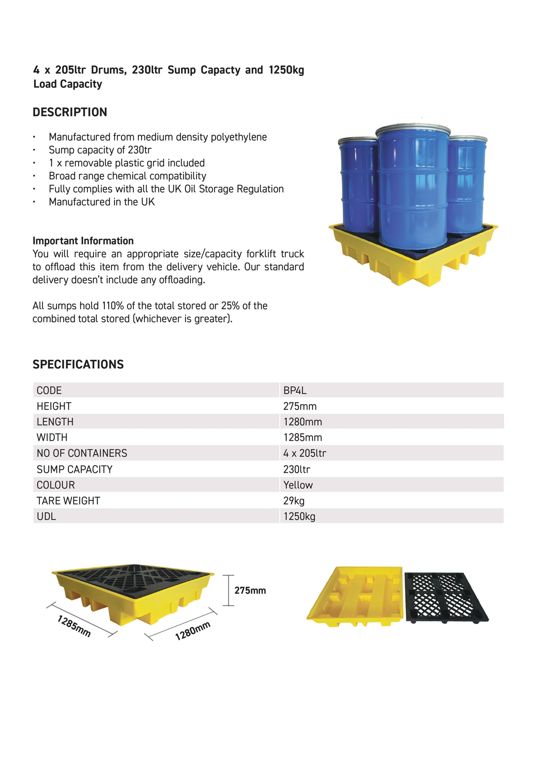BP4L 4 Drum Spill Pallet Low Profile with Removable Grids - Suitable f ...